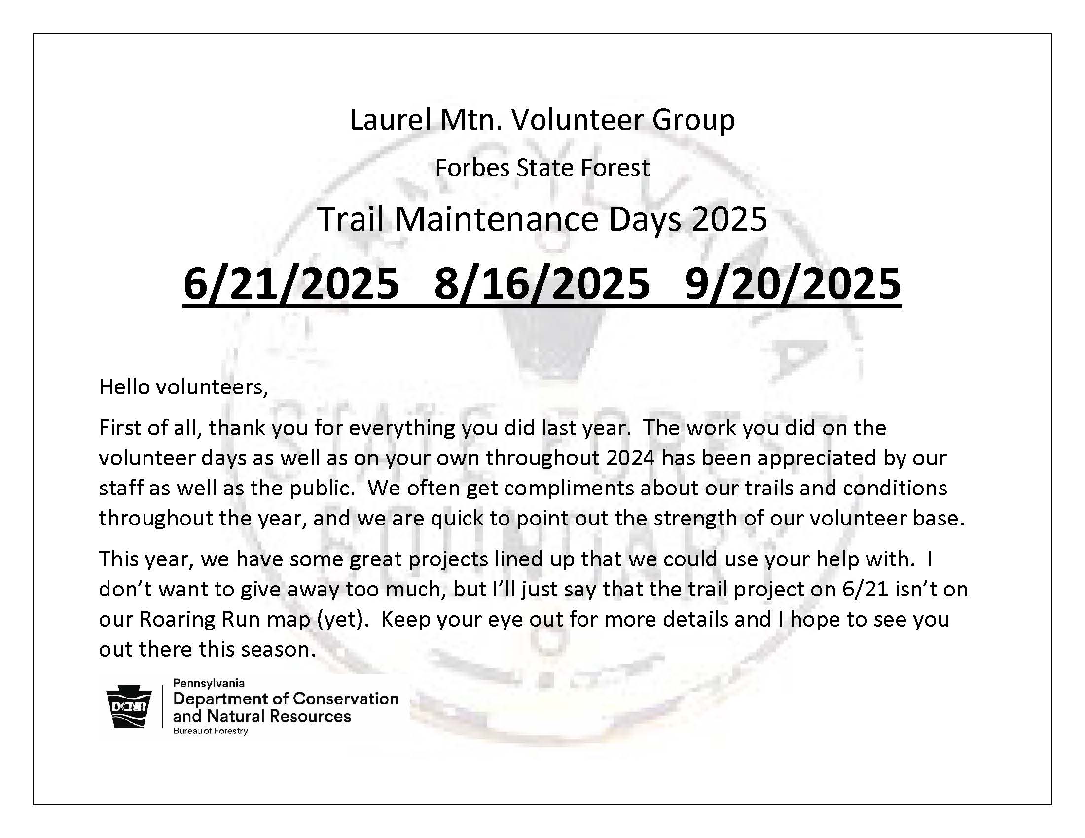 Laurel Mt Volunteer Group Work Days 2025 | Pennsylvania Cross Country ...